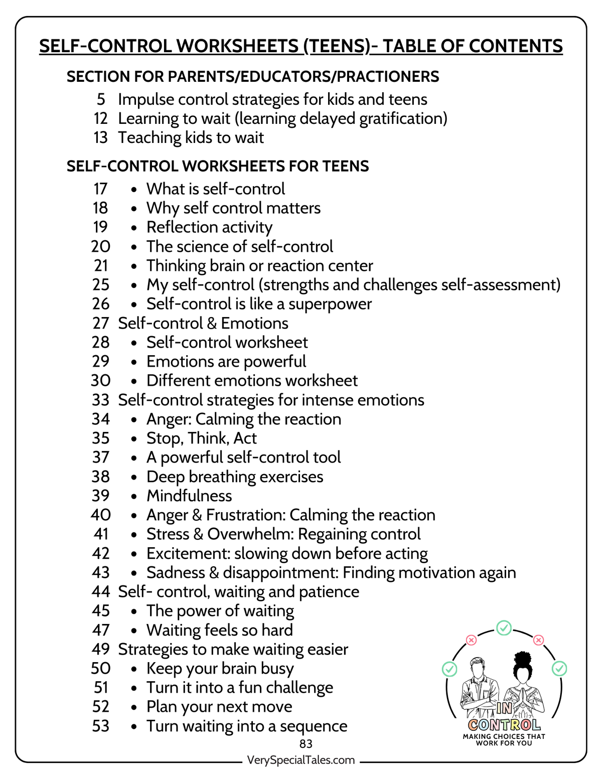 Self-Control Worksheets for Kids (PDF Format) – Very Special Tales