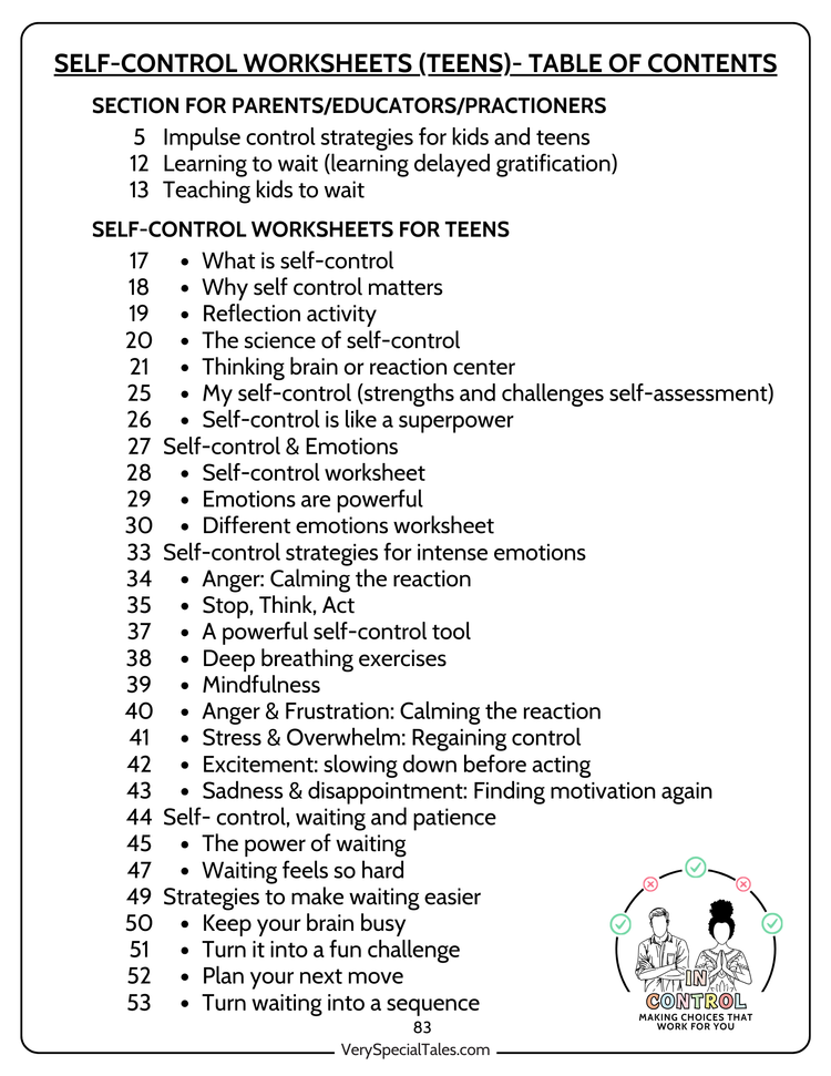 Self-Control Worksheets for Kids (PDF Format) – Very Special Tales