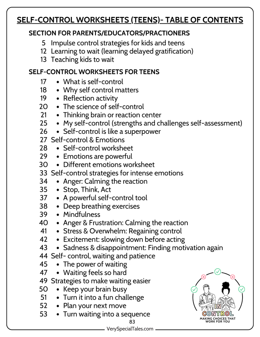 Self-Control Worksheets for Kids (PDF Format) – Very Special Tales